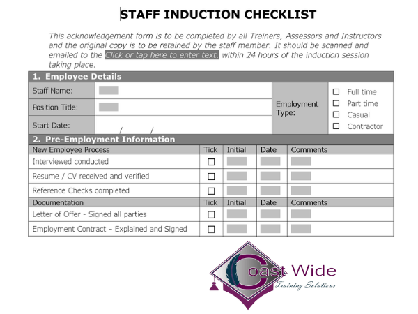 Staff Induction Checklist Form