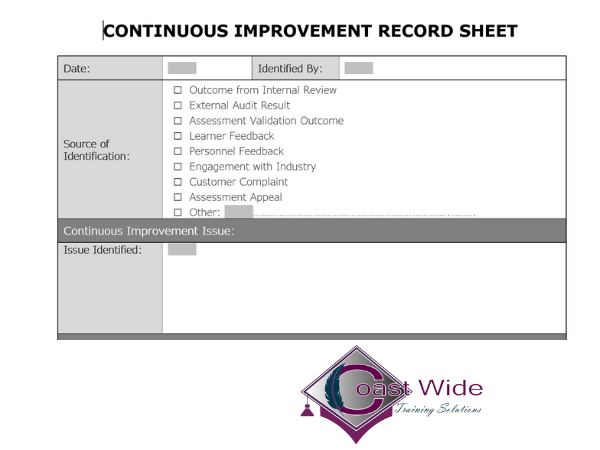Continuous Improvement Record Sheet Form
