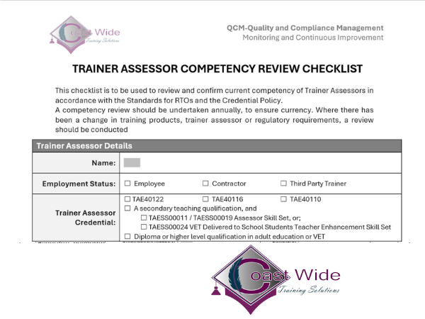 Trainer Assessor Competency Review Checklist