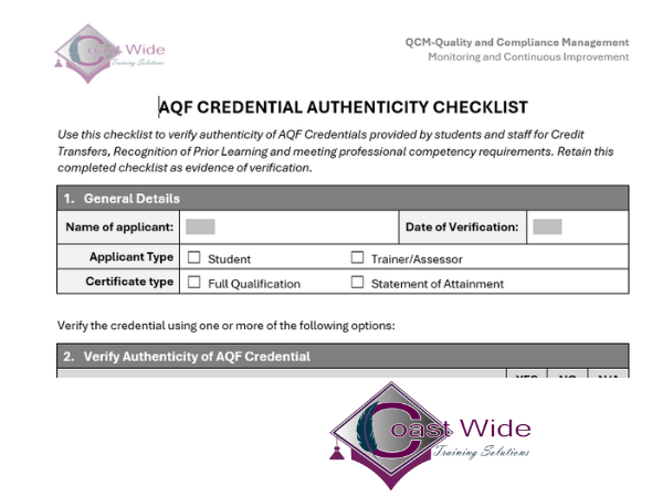AQF Credential Authenticity Checklist Form