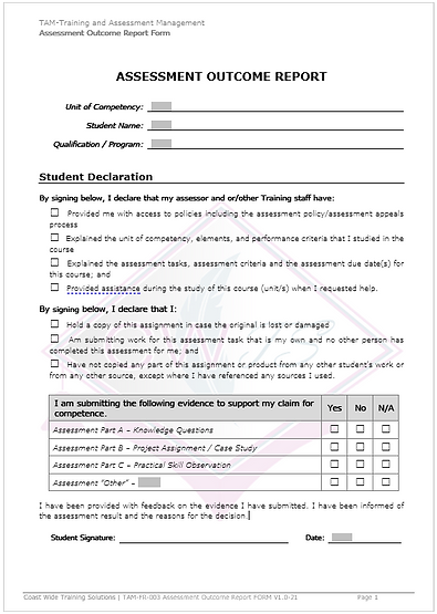 Assessment Outcome Report Form