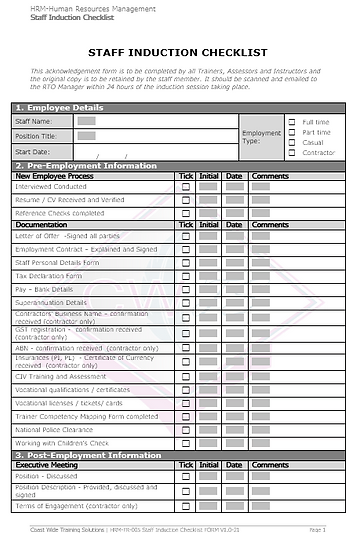 Staff Induction Checklist Form